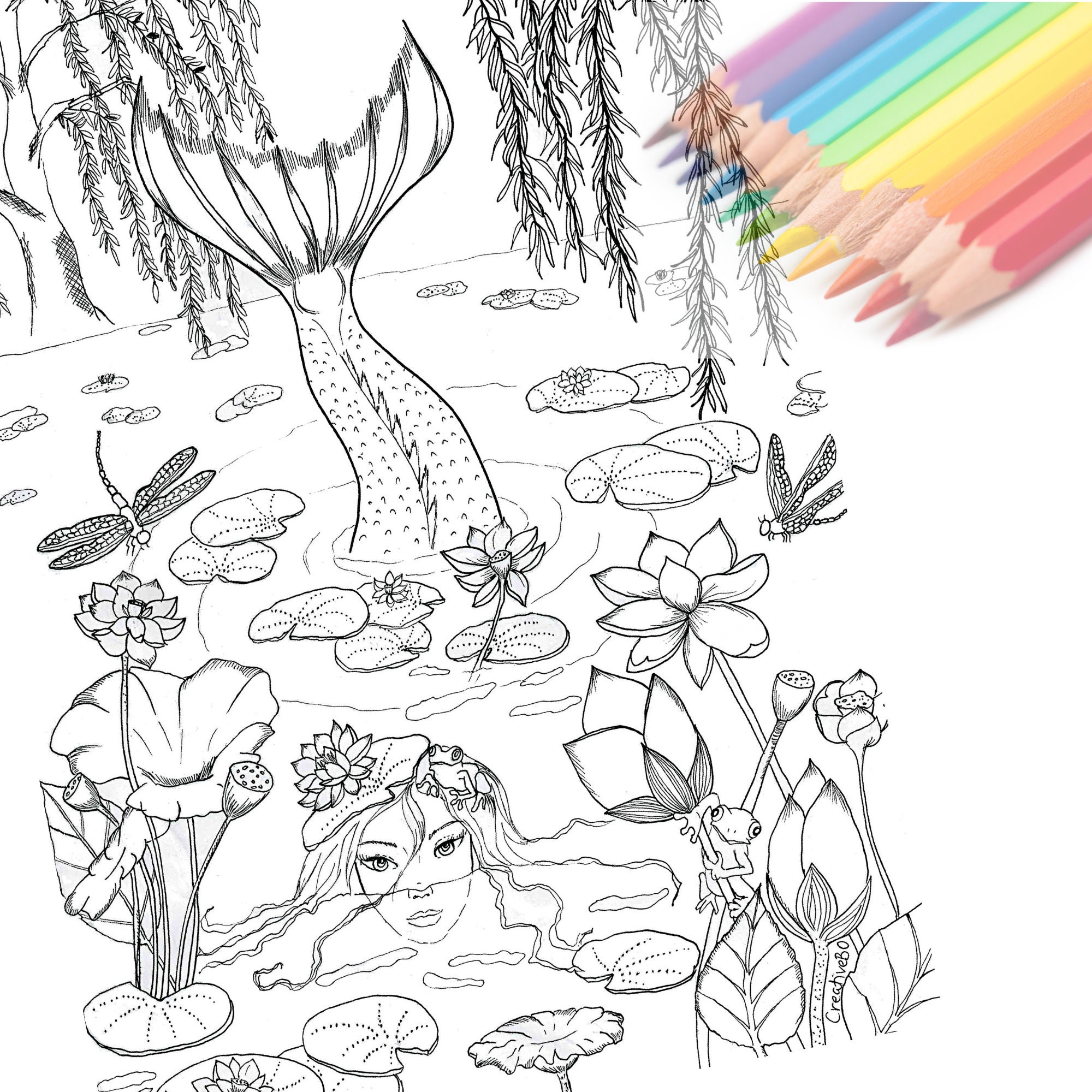 Fantasy Mermaid Downloadable Coloring Page for Adults and Teens Siren's ...