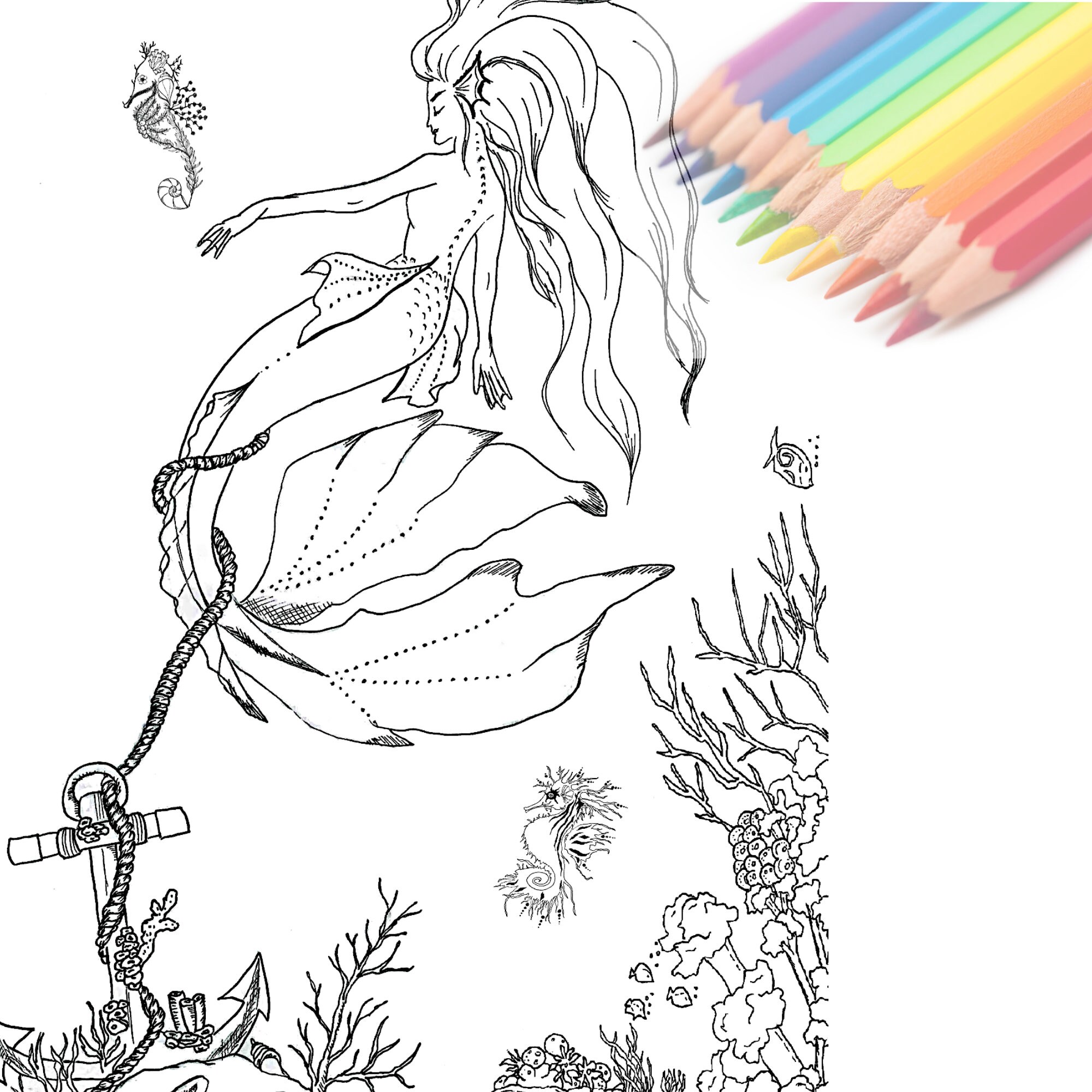 Mermaid Downloadable Coloring Page in PDF for Adults and Teens Fantasy ...