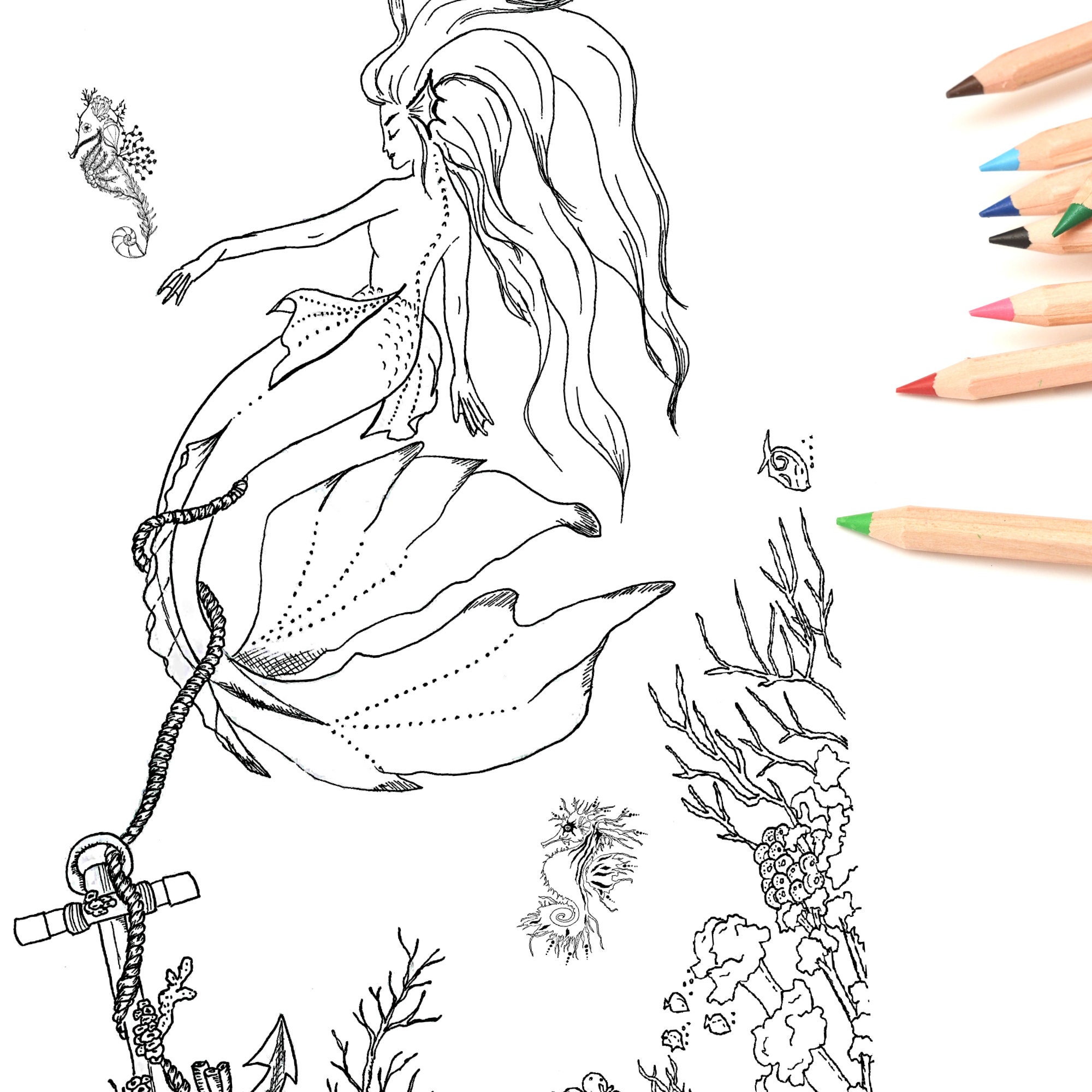 Set 5 Coloring Pages Mermaid Fantasy Downloadable Sheets for Adult and ...