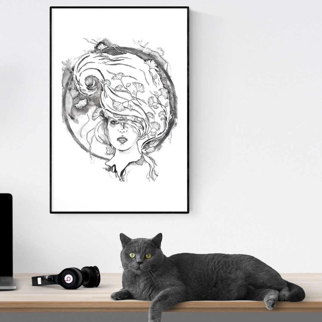 Divine Feminine Print Wall Art Fine Line Artwork Poster Modern Girly ...