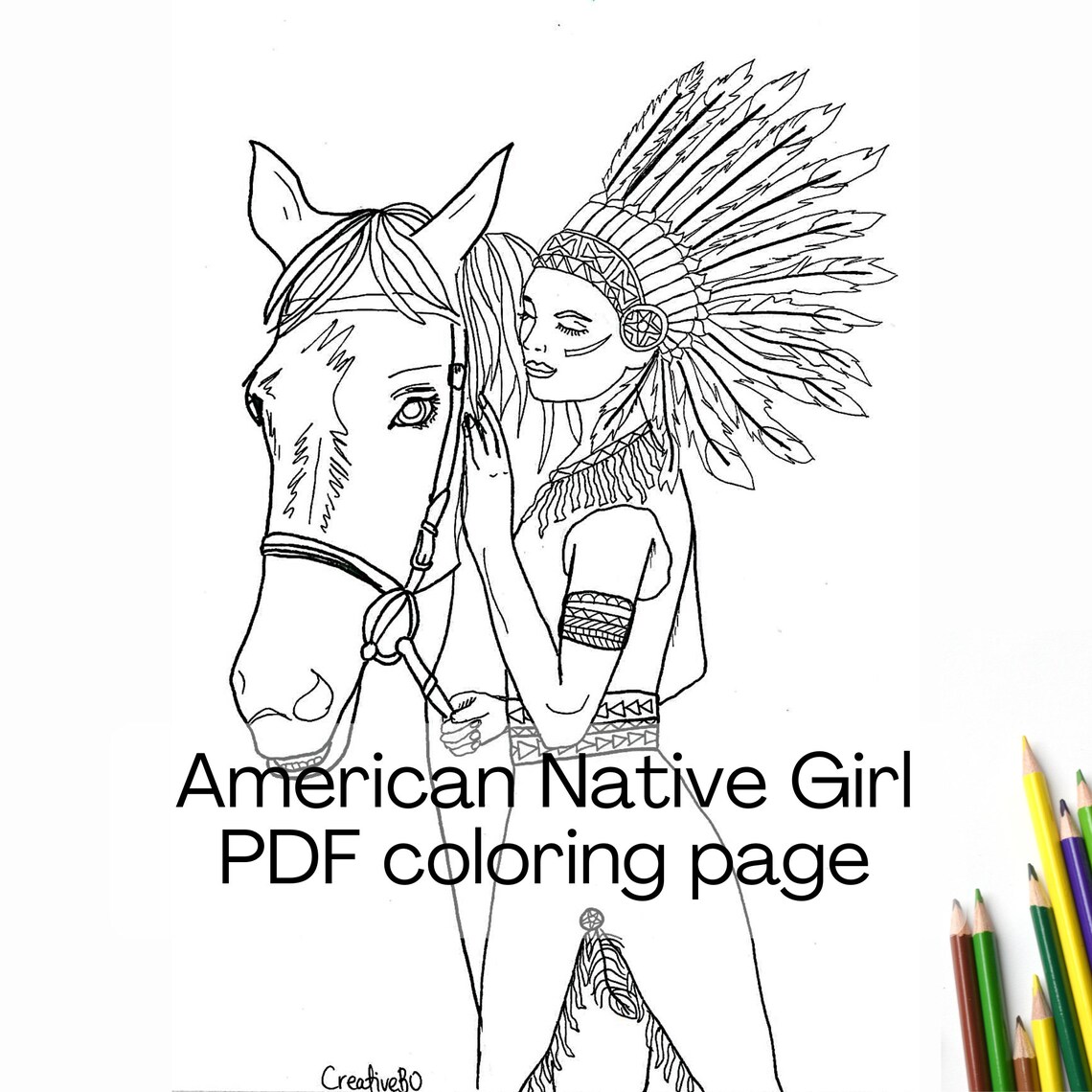 American Native Printable PDF Adult Coloring Page Girl With a Horse ...