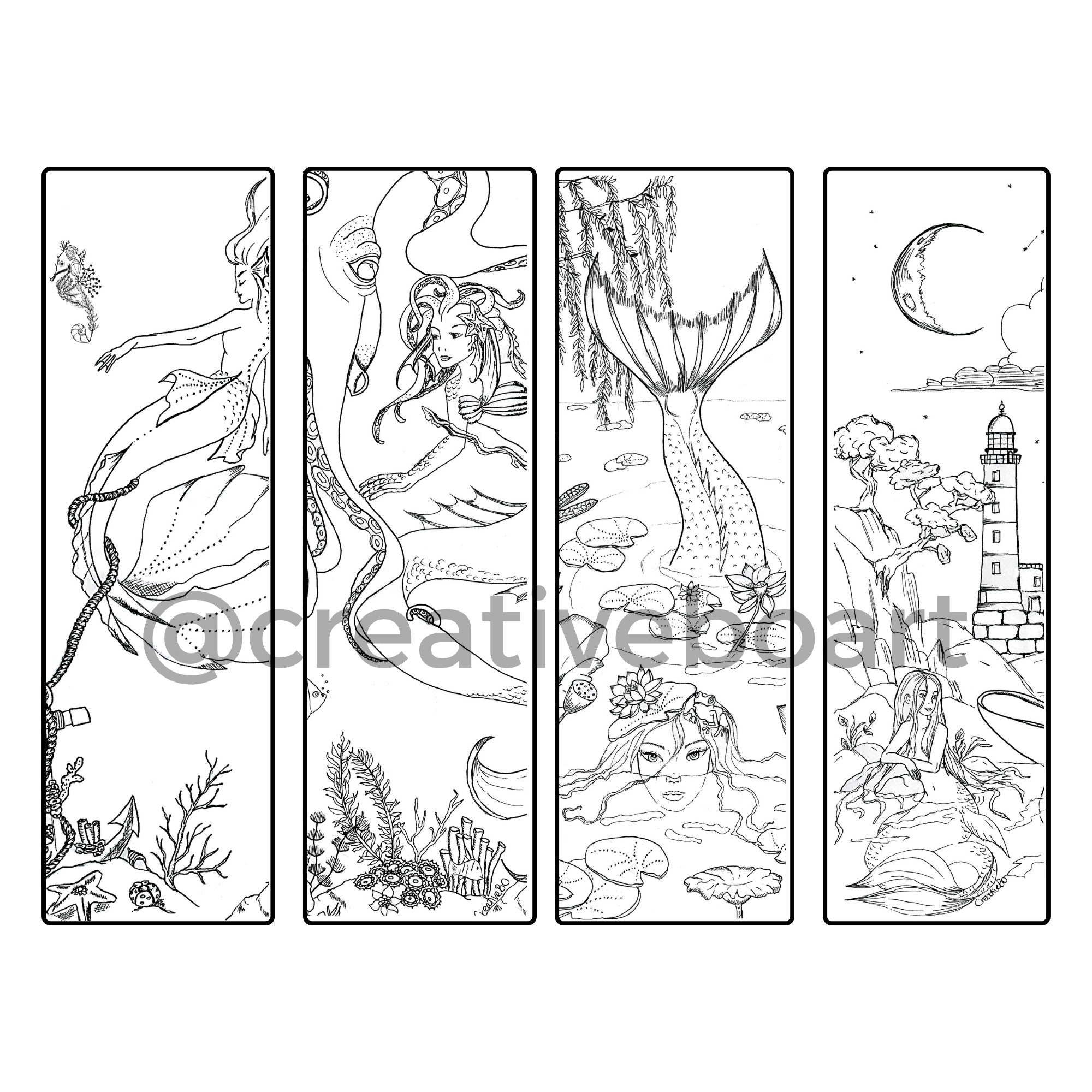 Printable Mermaids Coloring Bookmarks - Set of 4 Fantasy Coloring ...
