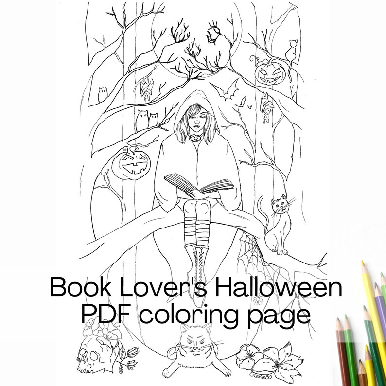 Halloween Downloadable Coloring Page for Adult, Cat and Book Lovers ...