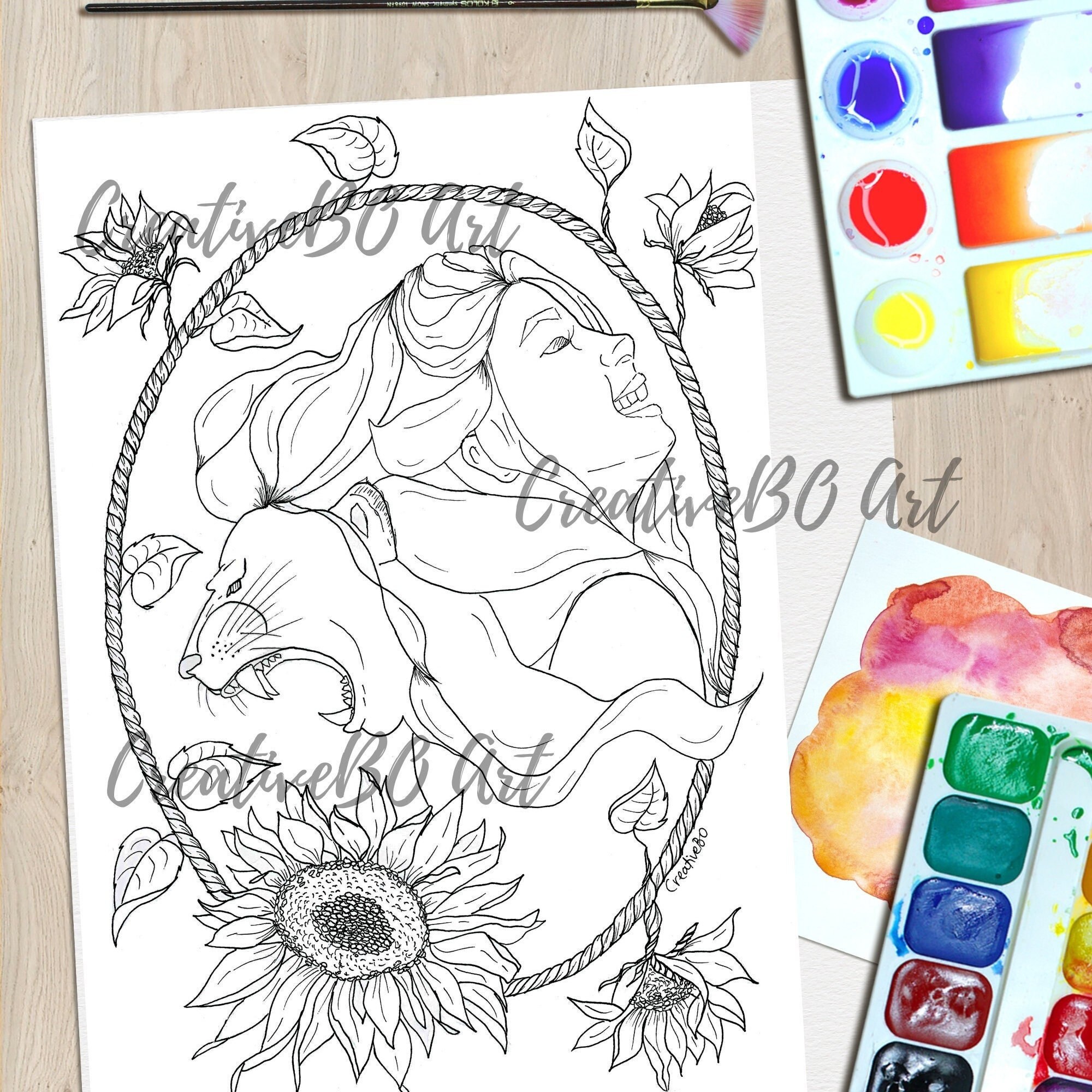 Woman Leo Zodiac Hand-drawn Coloring Page – Sunflowers Printable (PDF ...