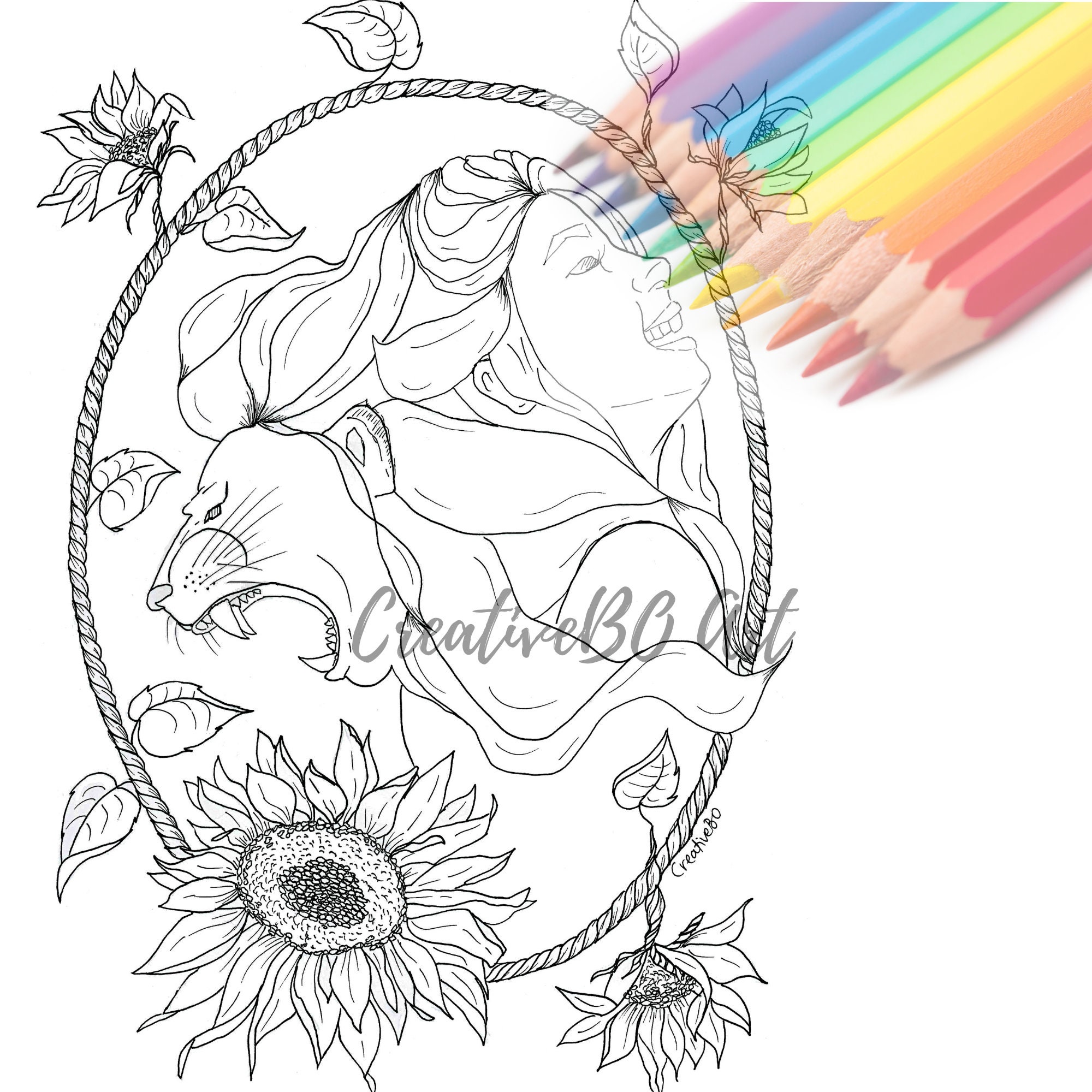Woman Leo Zodiac Hand-drawn Coloring Page – Sunflowers Printable (PDF ...