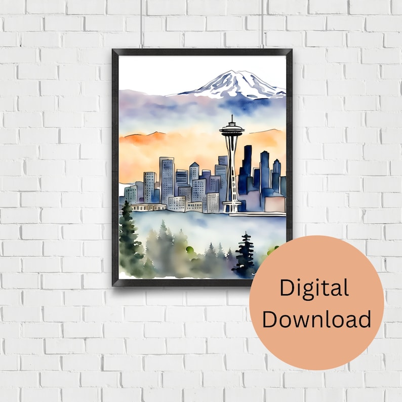 Seattle Watercolor With Mountains - Etsy