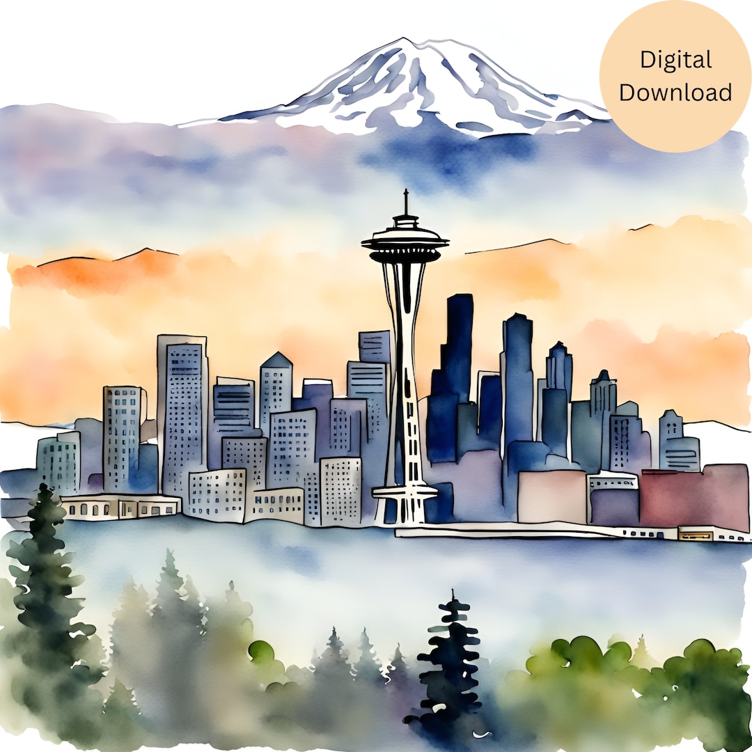 Seattle Watercolor With Mountains - Etsy