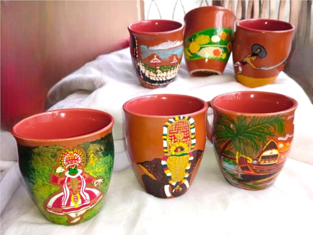 Hand Painted Kerala Art Kulhad Set of 6 Without Handle | Kerala ...