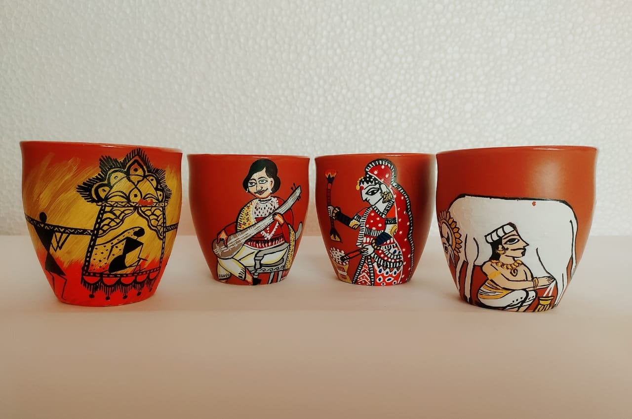 Hand Painted Indian Art Kulhad Set of 4 Without Handle Kullad Kullar ...