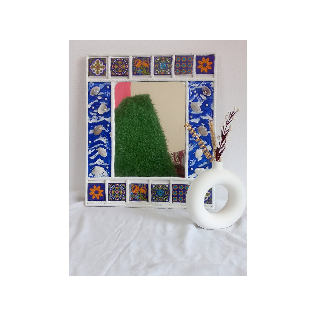 Blue Pottery Ceramic Tile Wall Mirror Handmade Mirror Blue Mirror Wall ...