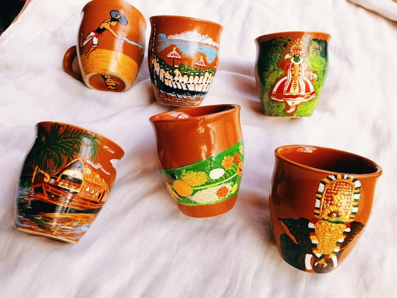 Hand Painted Kerala Art Kulhad Set of 6 Without Handle | Kerala ...