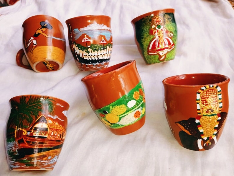Hand Painted Kerala Art Kulhad Set of 6 Without Handle | Kerala ...
