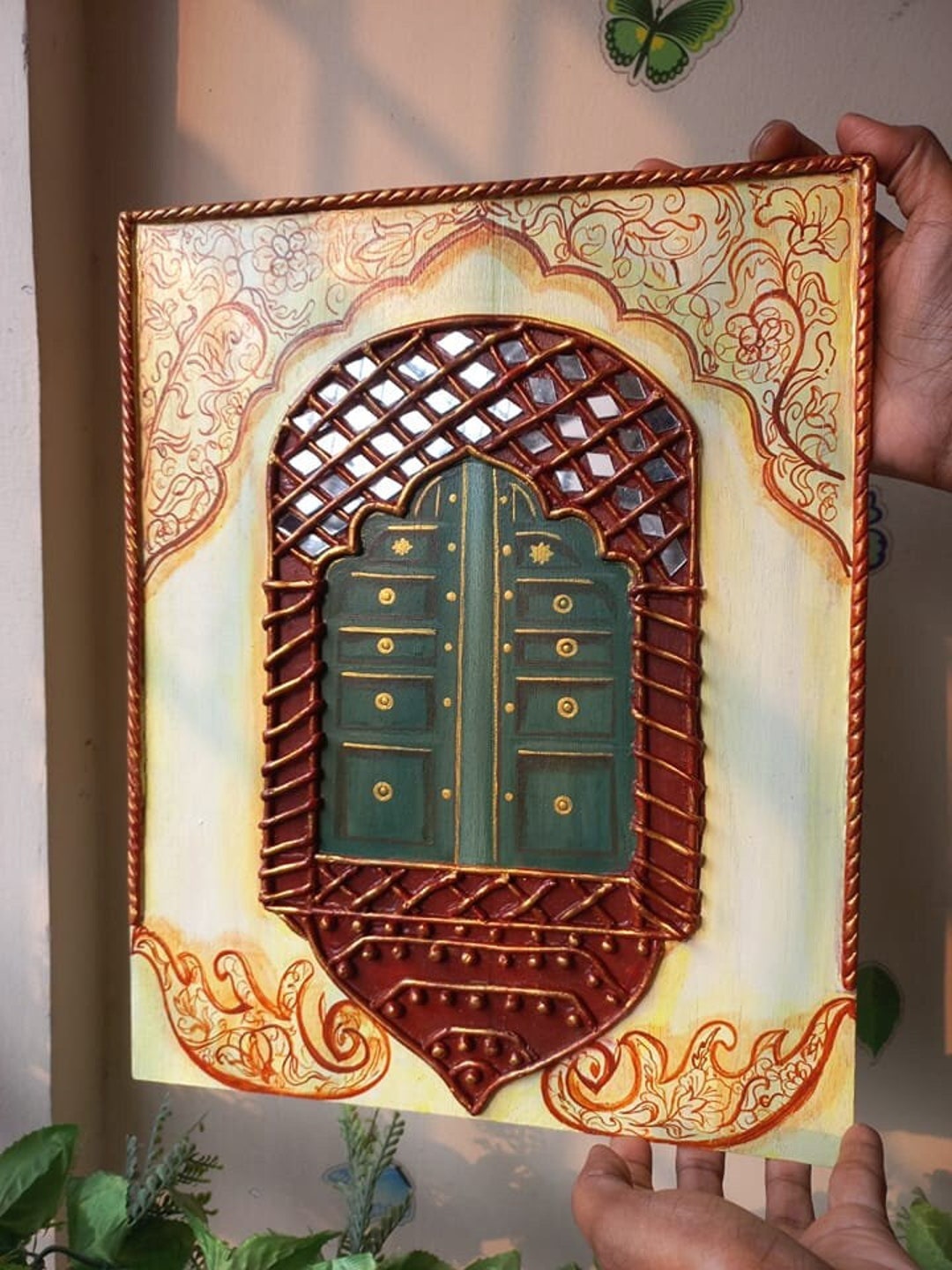 Jharokha Wall Decor | Handmade Wooden Base 3D Mirror Work Jharoka Wall ...