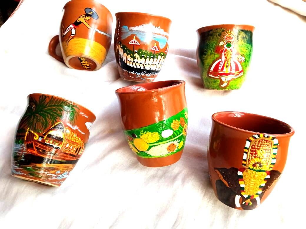 Hand Painted Kerala Art Kulhad Set of 6 Without Handle Kerala Painting ...