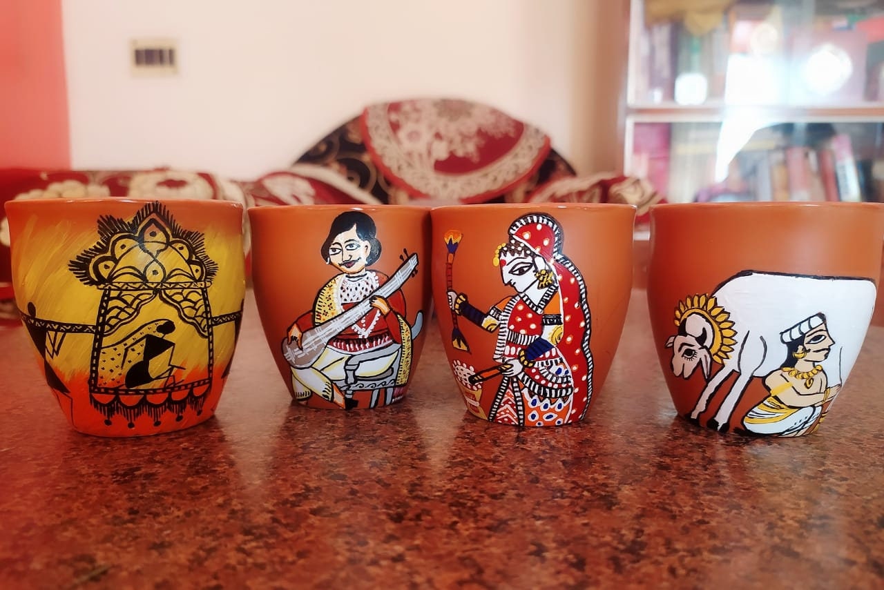 Hand Painted Indian Art Kulhad Set of 4 with Handle Kullad | Etsy