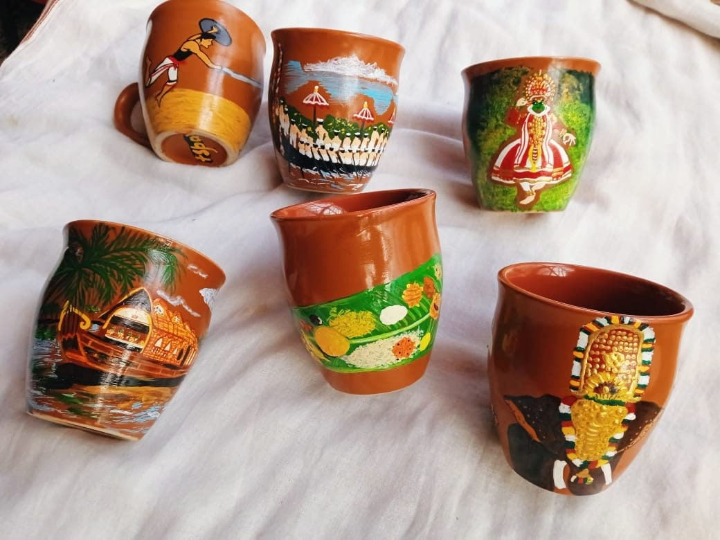 Hand Painted Kerala Art Kulhad Set of 6 Without Handle Kerala Painting ...