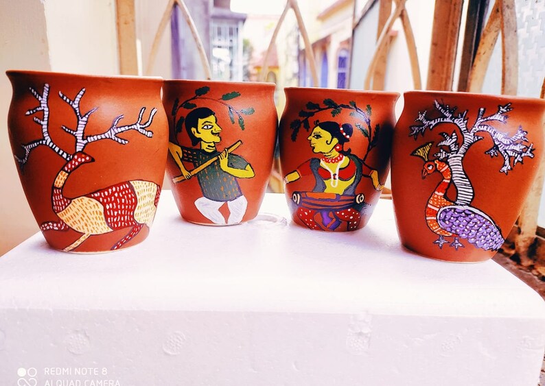 Hand Painted Designer Kullad With Handle on Indian Art /earthern Tea ...