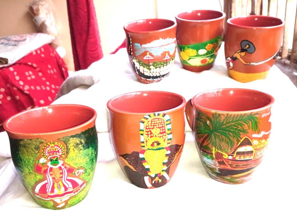 Hand Painted Kerala Art Kulhad Set of 6 Without Handle Kerala Painting ...