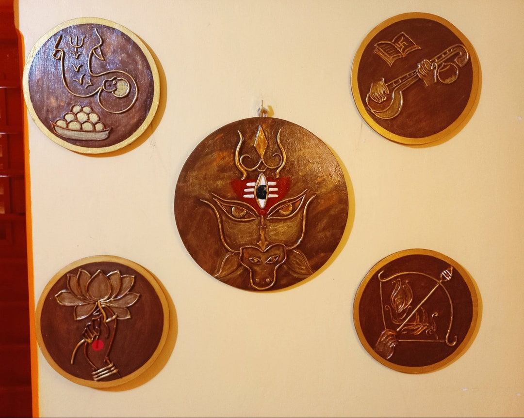 Maa Durga and Family Wall Plates Set of 5 | Durga Wall Art | 3D Work ...