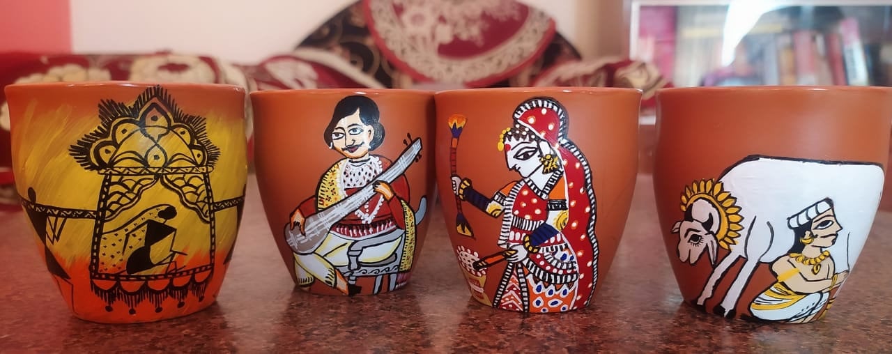 Hand Painted Indian Art Kulhad Set of 4 with Handle Kullad | Etsy