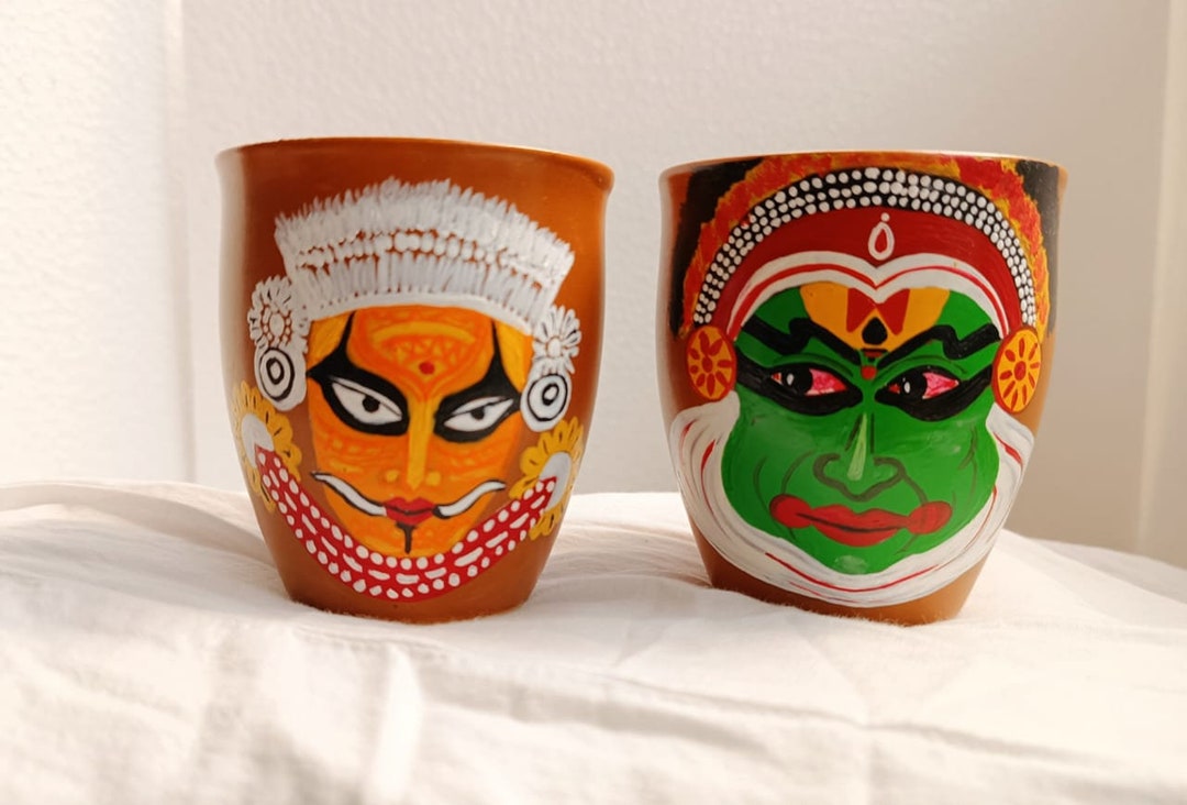 Kerala Art Handpainted Kulhad Set of 2 Without Handle, Kathakali ...
