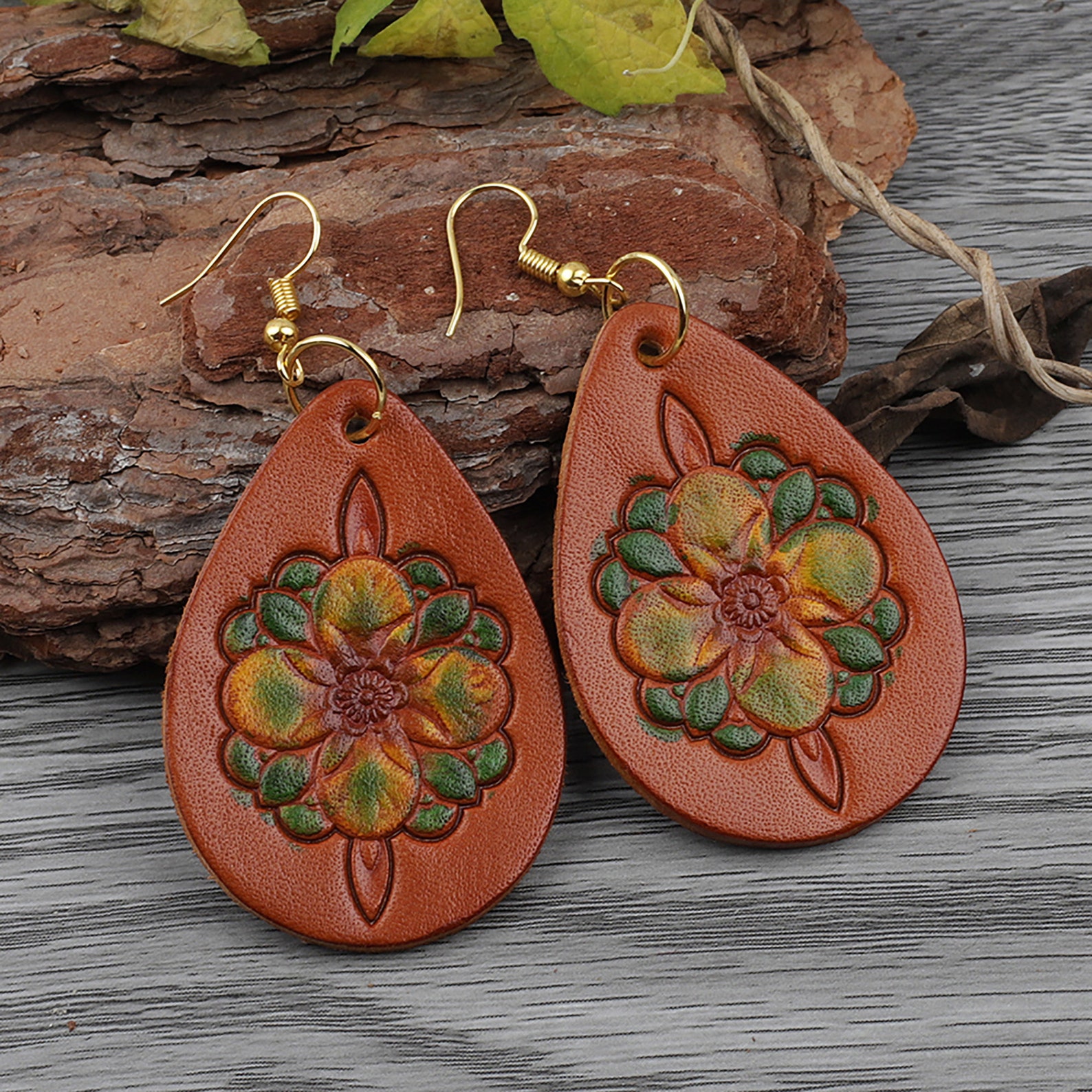 Hand Tooled Leather Flower Earrings Teardrop Leather Earrings - Etsy