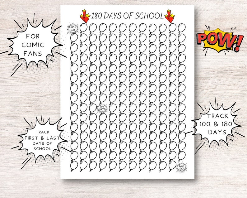180 Days of School Comic Book Style Tracker Printable 9 Page PDF for ...