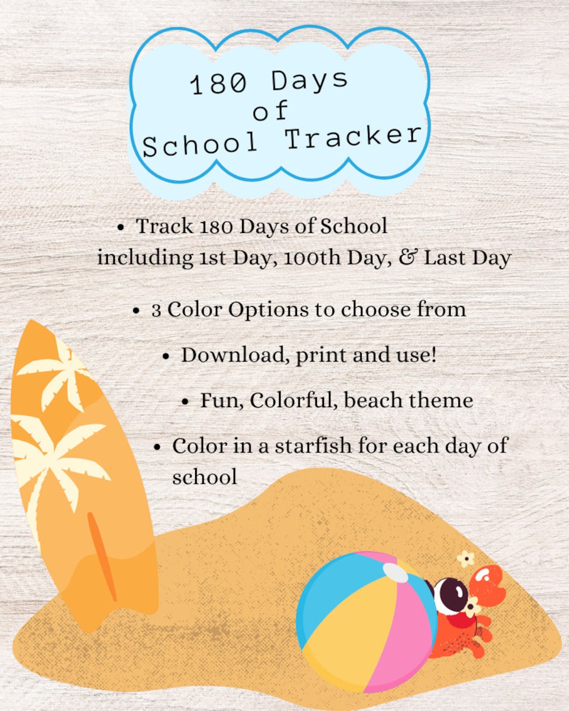 180 Days of School Tracker PDF Printable 8.5" X 11" Beach Theme for ...