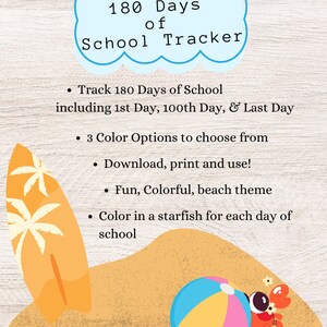 180 Days of School Tracker PDF Printable 8.5" X 11" Beach Theme for ...