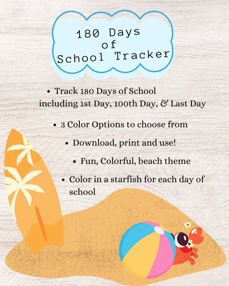 180 Days of School Tracker PDF Printable 8.5" X 11" Beach Theme for ...