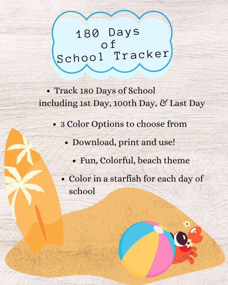 180 Days of School Tracker PDF Printable 8.5" X 11" Beach Theme for ...