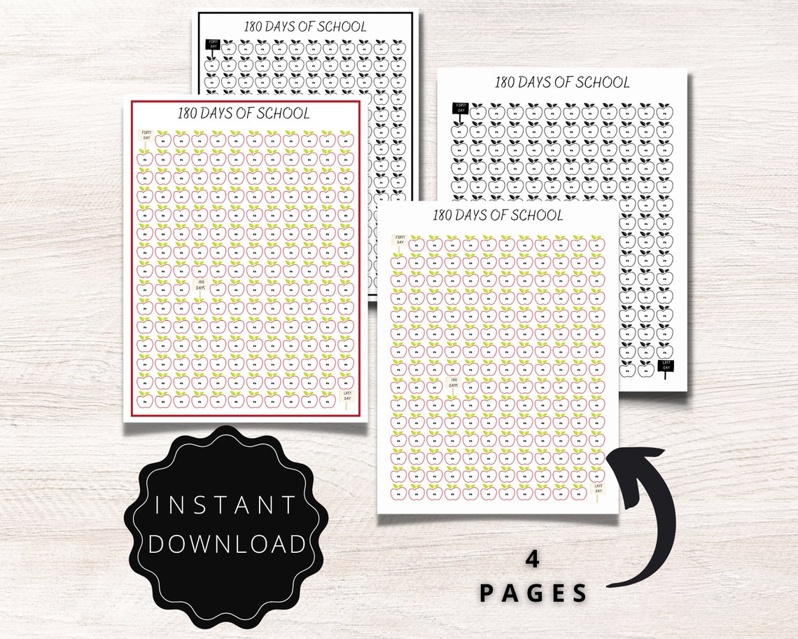 180 Days of School Printable Tracker, Back to School, for Teachers and ...