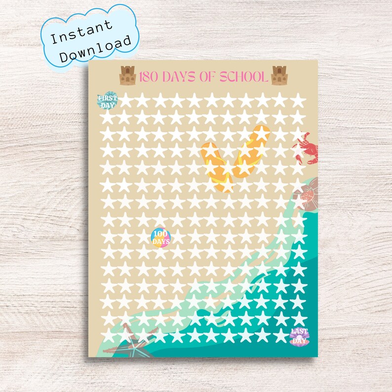 180 Days of School Tracker PDF Printable 8.5" X 11" Beach Theme for ...