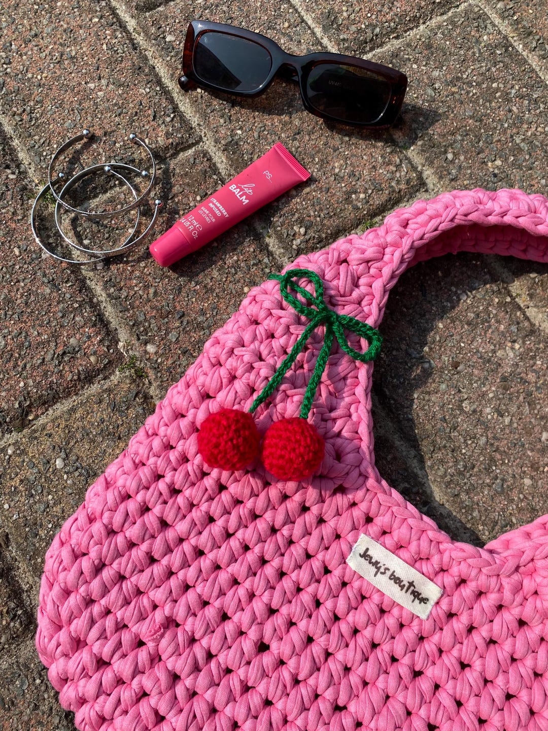 Crocheted Pink Chunky Shoulder Bag With Cherry Pendant - Etsy