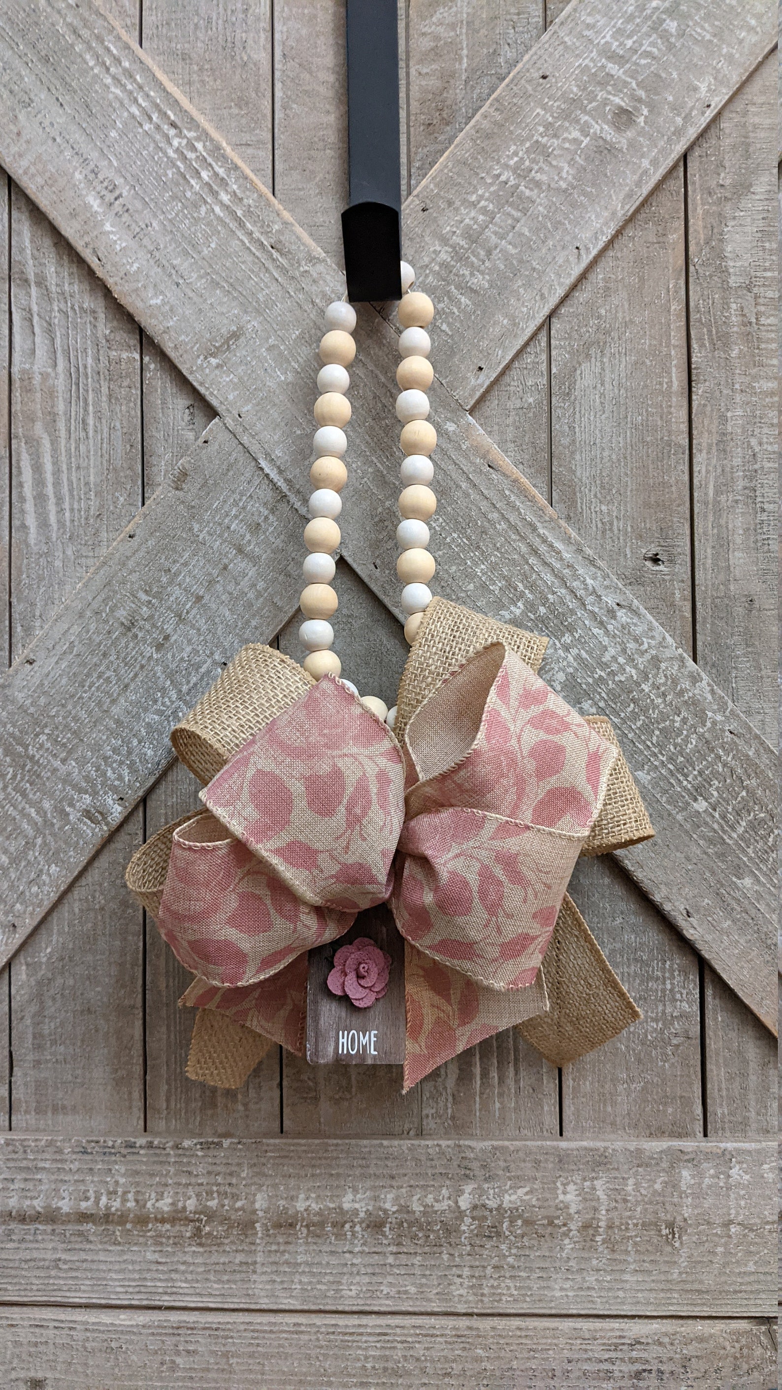 Floral Bow With Wood Beaded Garland Choose Your Tag, Bead Loop Tiered ...