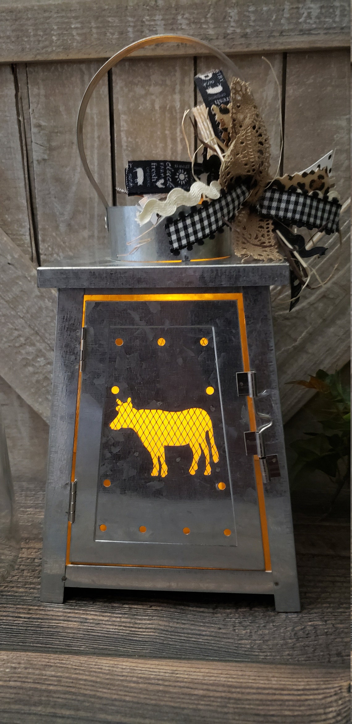 Rustic Galvanized Cow Lantern with Messy Bow Farmhouse Metal | Etsy