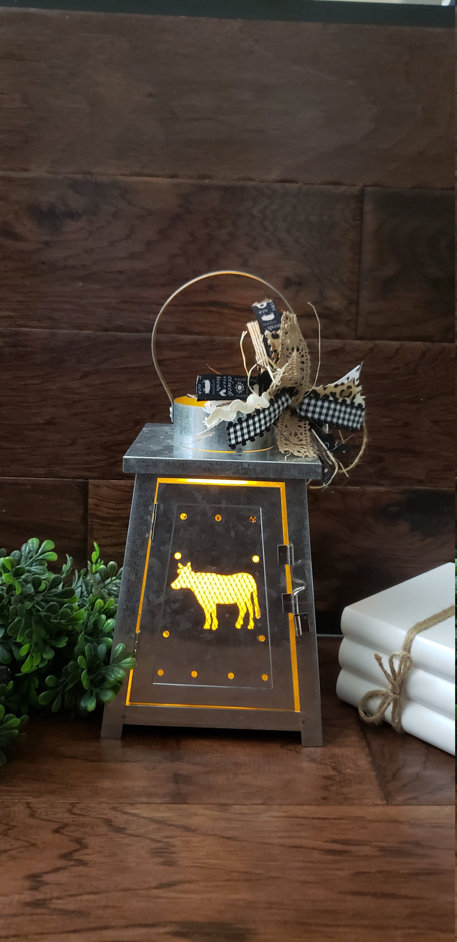 Rustic Galvanized Cow Lantern With Messy Bow, Farmhouse Metal Light ...