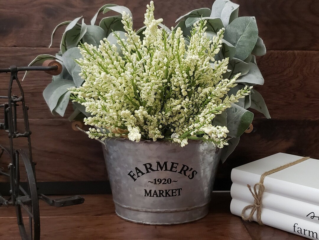 Galvanized Bucket Farmers Market Rustic Metal Tub With Handles Wood ...
