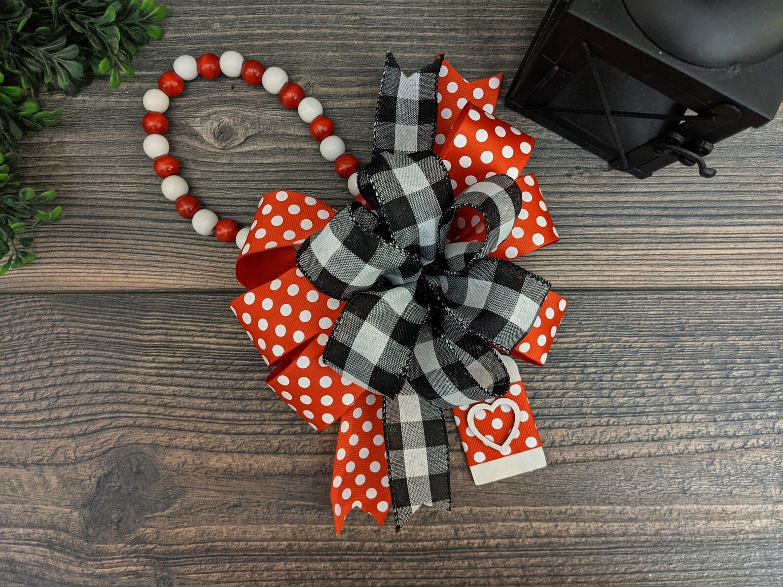 Wood Beaded Garland Bow Buffalo Check or Heart Bow | Farmhouse Tiered ...