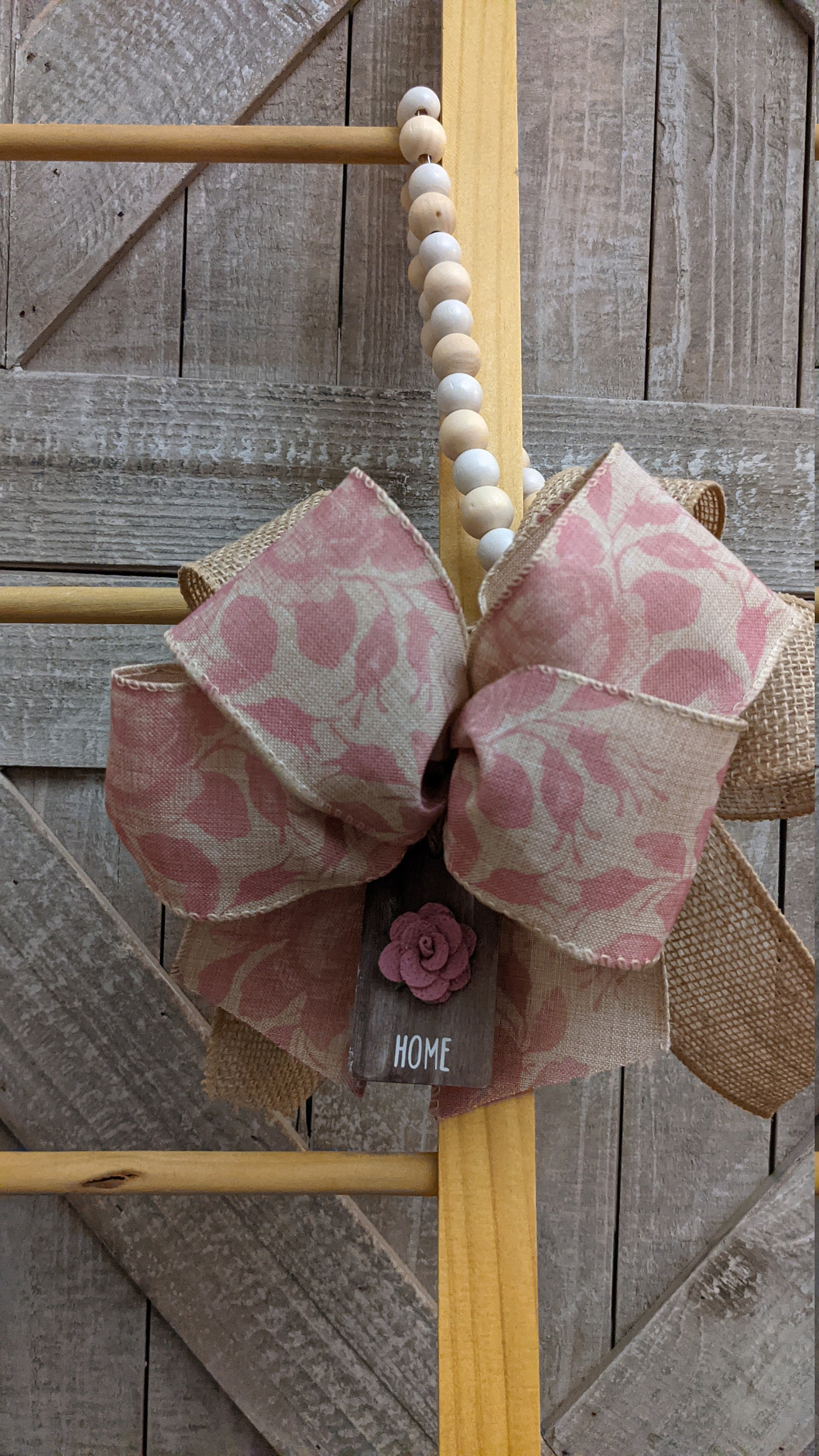 Floral Bow With Wood Beaded Garland Choose Your Tag, Bead Loop Tiered ...