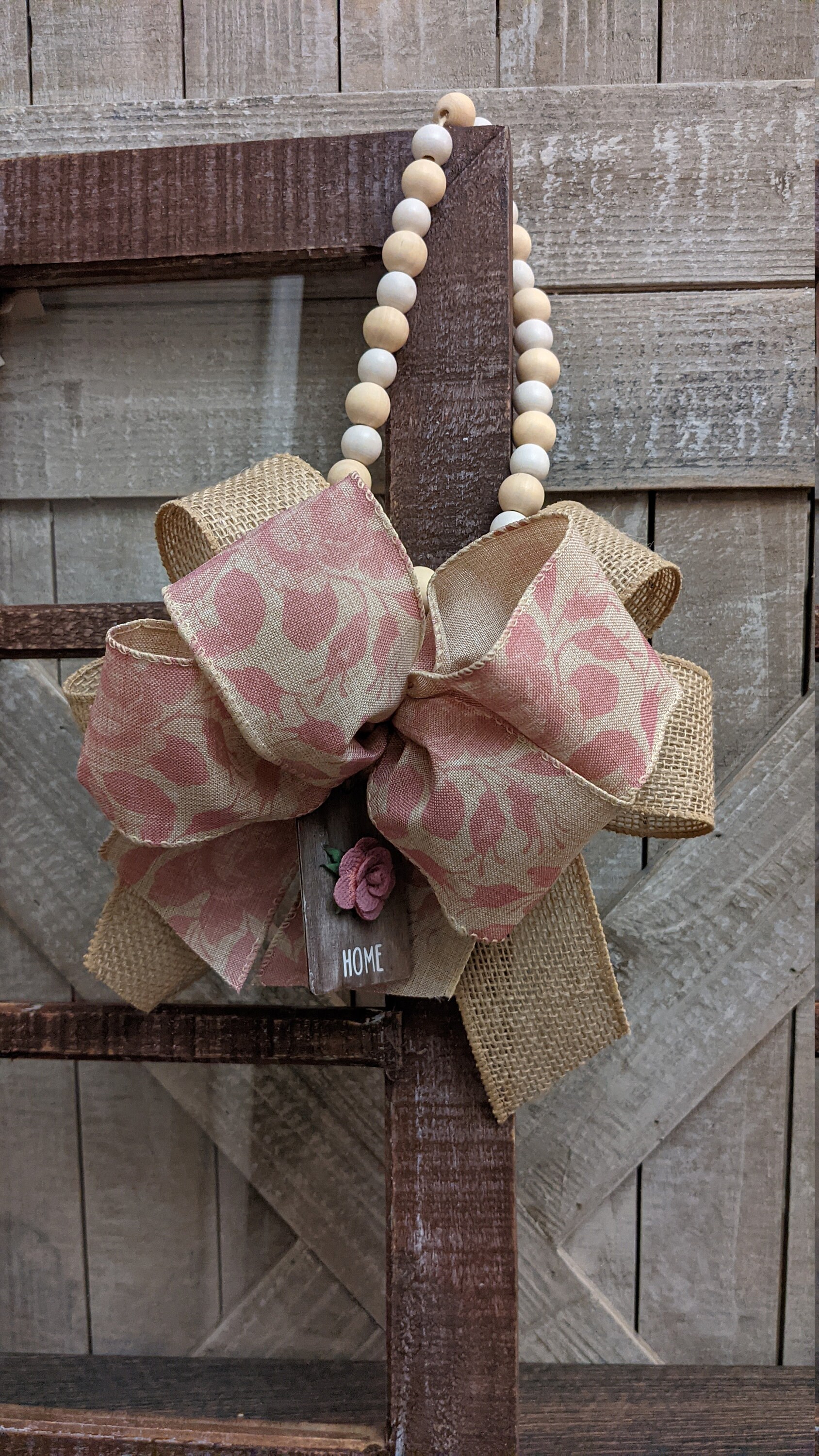 Floral Bow With Wood Beaded Garland Choose Your Tag, Bead Loop Tiered ...