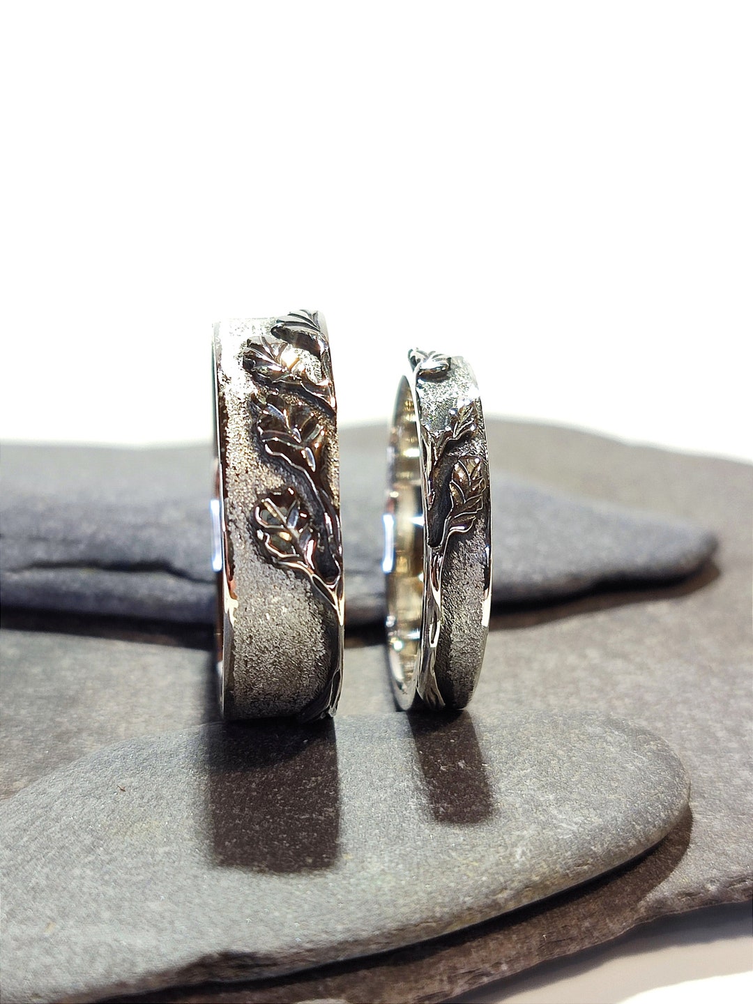 Sterling Silver Wedding Ring Set, His and Hers Wedding Bands, Oak ...