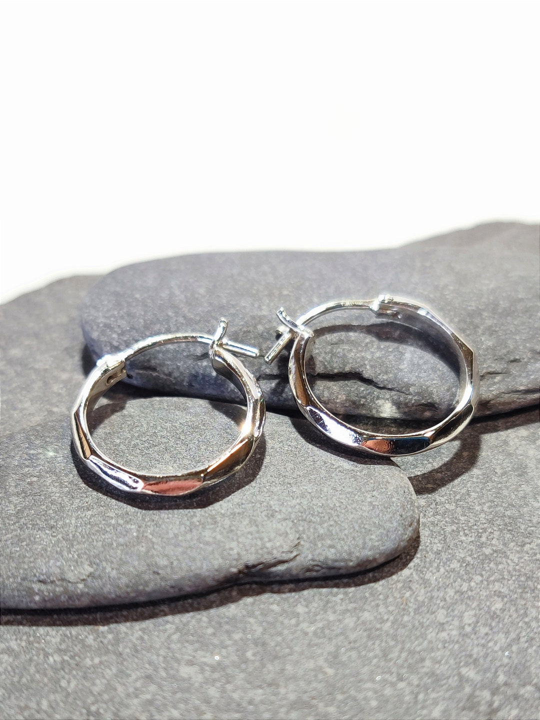 Silver Hoop Earrings With Angular Faces, Handmade From Recycled Sterling Silver, With Locking ...