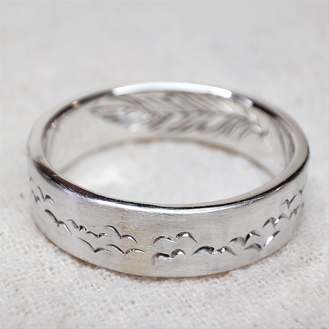 Handmade Recycled Sterling Silver Birds Ring: Feather Engraving ...