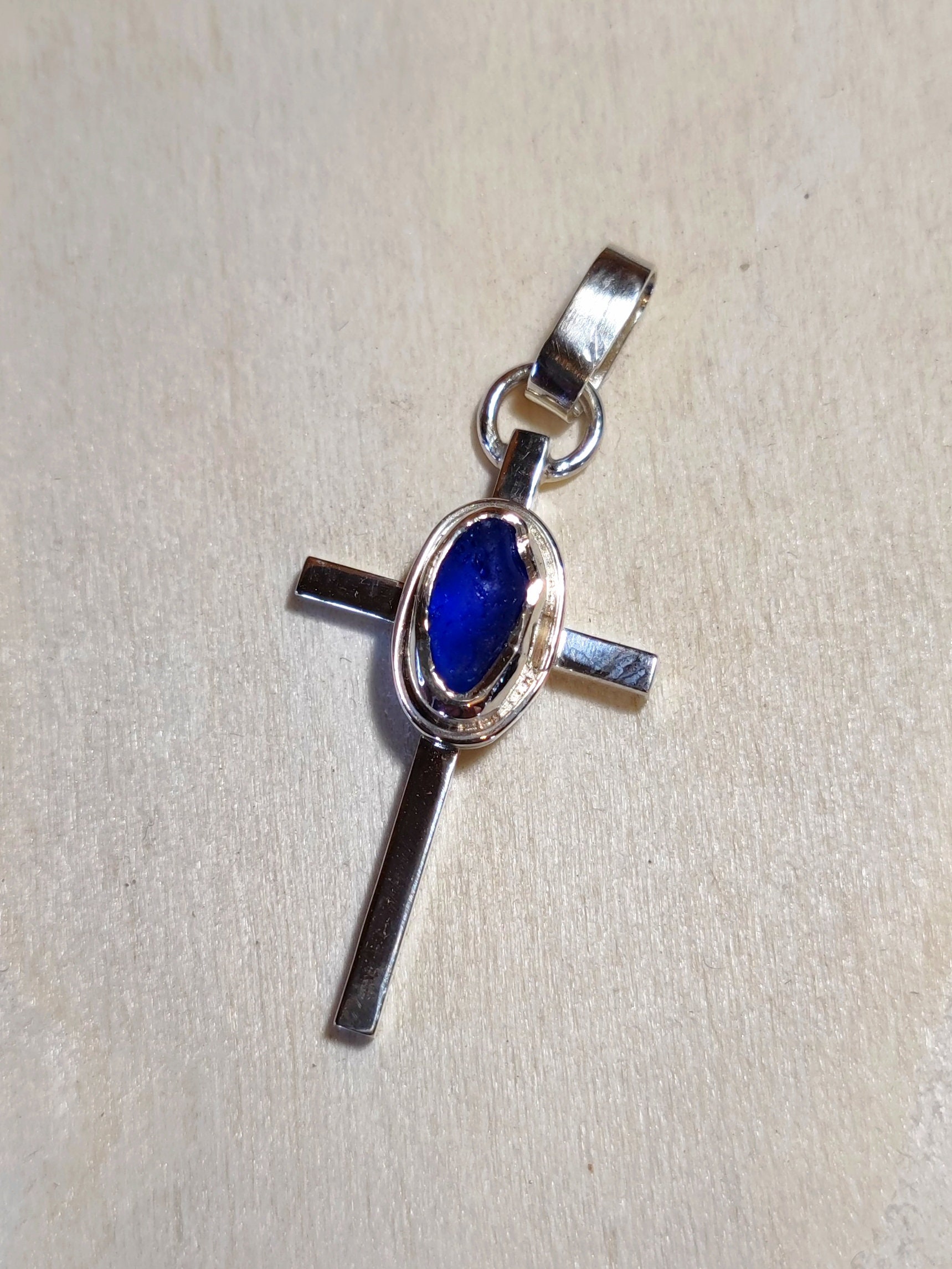 Sterling Silver Cross With Blue Sea Glass Silver Pendant - Etsy