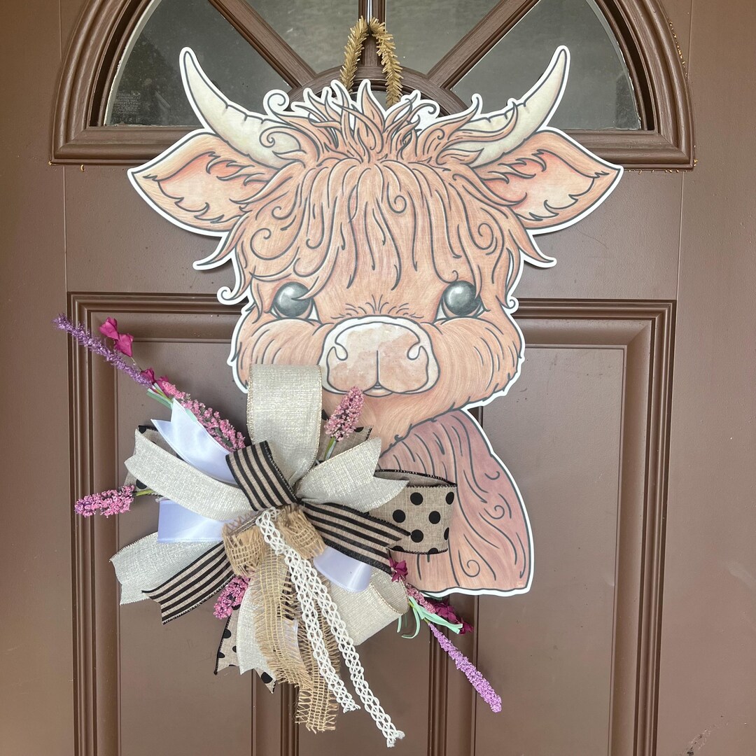 Cow Front Door Decor, Cow Door Hanger, Front Door Wreath, Highland Cow ...