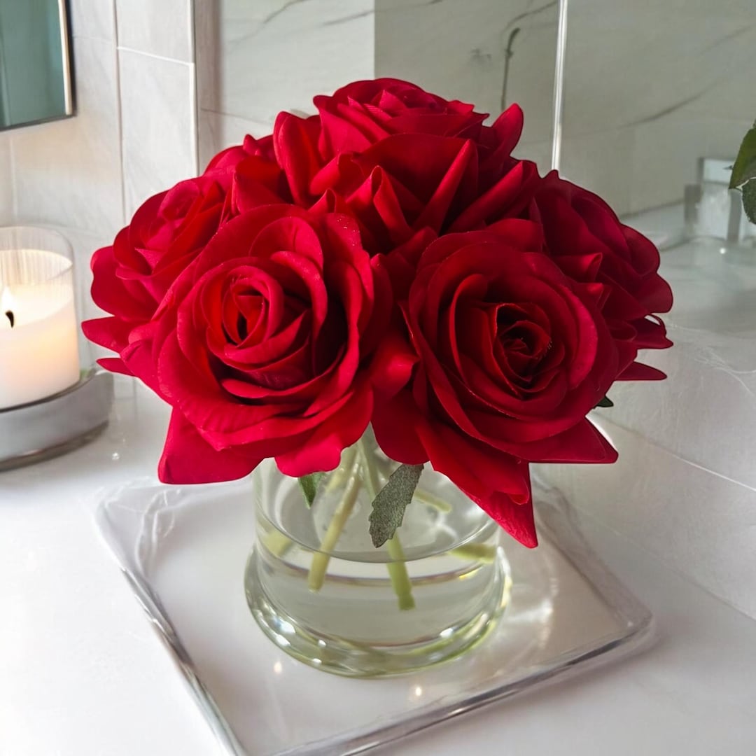 Real Touch Red Rose Bouquet, Valentines Roses, Roses in Faux Water ...