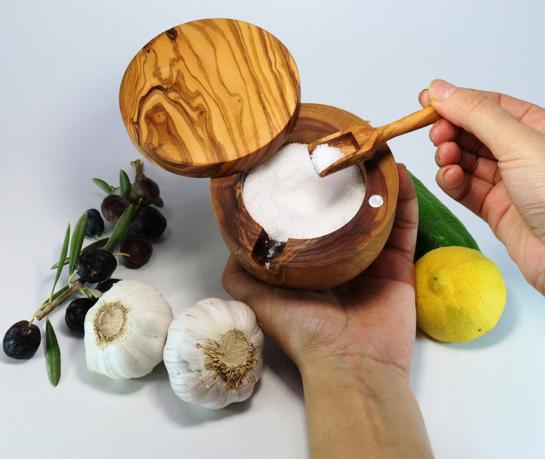 Olive Wood Salt Cellar With Lid and Spoon, Salt Pig/spice Box/salt ...