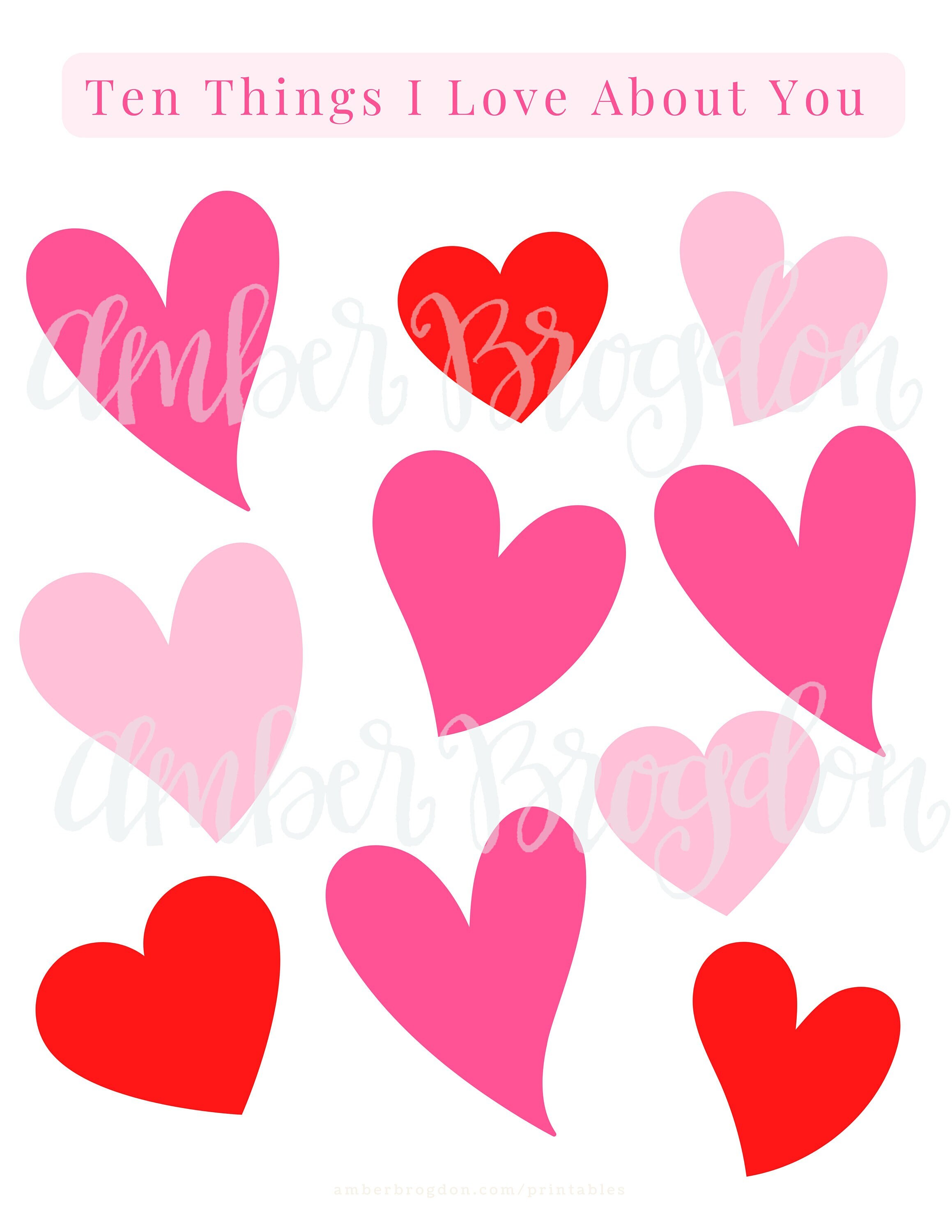 Valentine's Day Printable, Heart Love Note Template, Things I Love ...
