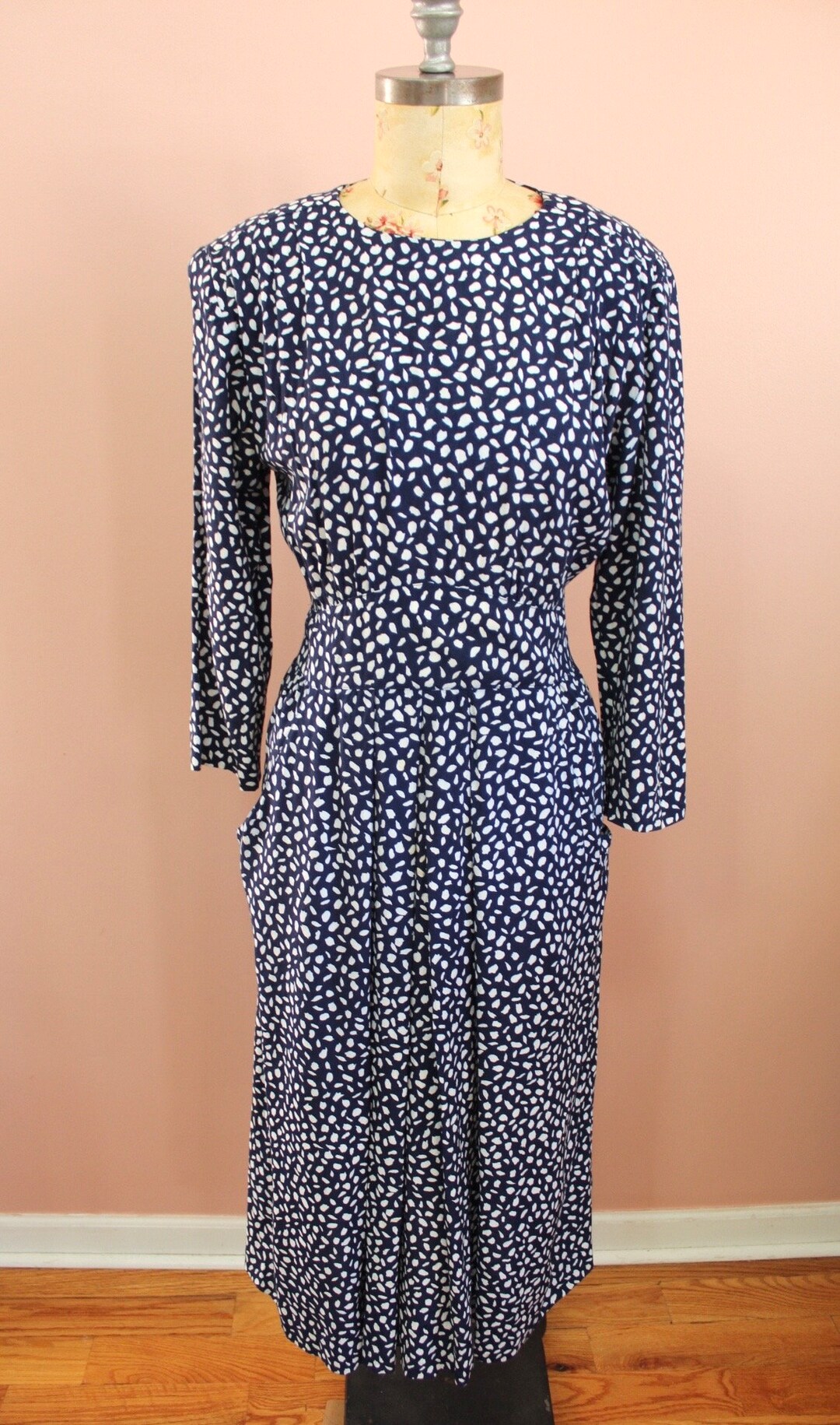 Vintage 1980s Navy Blue Dot Print Dolman Sleeve Dress- Size Medium - Etsy